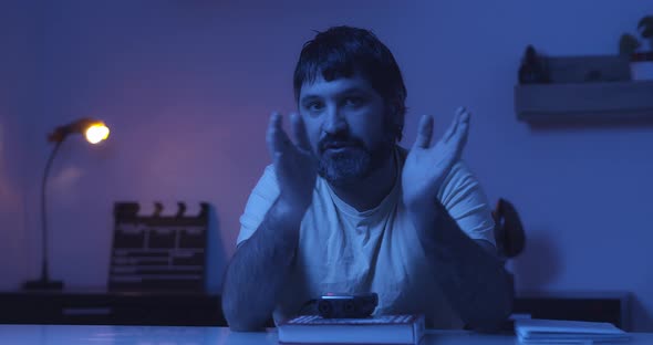 Spanish Man Speaking to Camera Recording a Video for Social Networks ...