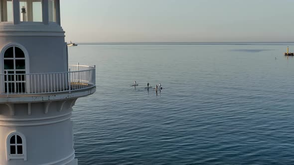 Sup surfing group aerial view 4 K Turkey Alanya, Stock Footage | VideoHive