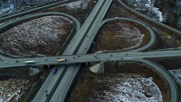 Huge Road Junction Full of Cars and Trucks in Countryside in Winter ...