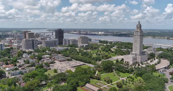 Aerial of Louisiana State Capital building and surrounding area in ...