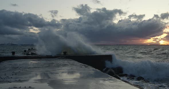 Storm Waves Hitting The Pier at Sunset, Stock Footage | VideoHive