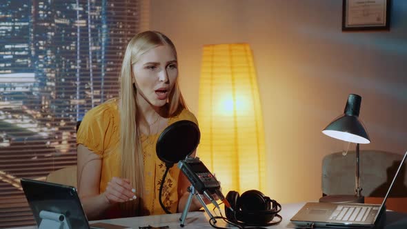 Close-up of Female Poet Reading Her Poem Into the Microphone in Home ...