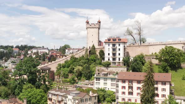 Flying up to castle tower and revealing downtown Luzern, Switzerland ...