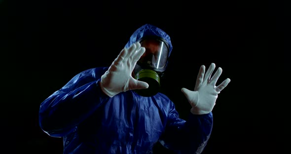 Man Dressed Hazmat Suit Is Dancing Funny, Face Covered Full Mask with ...