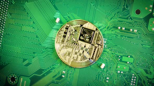 Representative gold coin on top Circuit board, Topdown view, Crypto ...