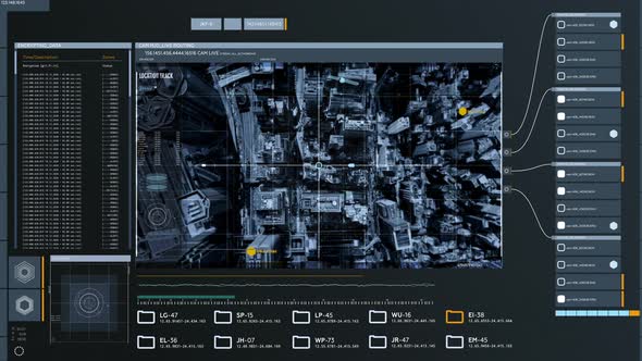 Interface of futuristic spying operation technology shows location of a ...