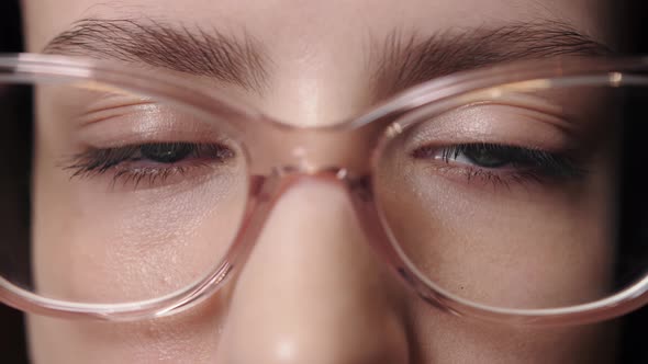 Woman Open Blue Eyes. Close Up of Female Face with Eyeglasses Wide Blue ...