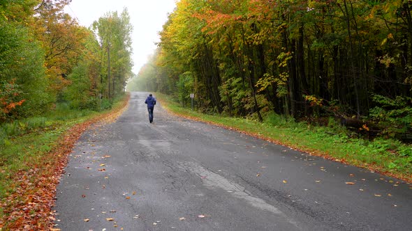 Man running on a small road surrounded by maple autumn maple leaf ...