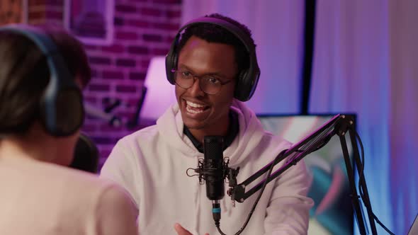 Internet Podcaster Reading Question From Laptop Screen Talking Using ...