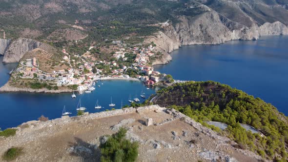 Aerial view of Asos village on the west coast of Kefalonia, Greece ...