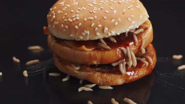Huge Burger with Beef Patties and Moving Live Maggots Closeup on Black ...