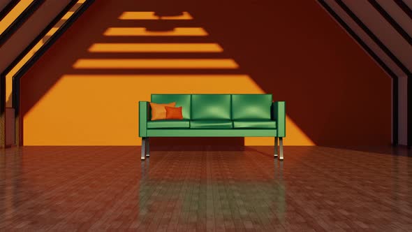 3D animation of a timelapse in an attic apartment with sofa, Motion ...