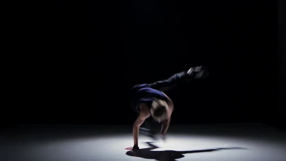 Breakdance Blonde Dancer in Black Suit Starts Dance on Black, Shadow ...