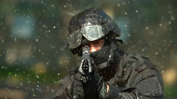 Military man pointing gun, slow motion, Stock Footage | VideoHive