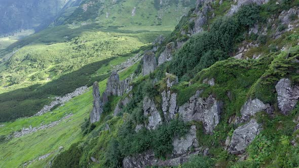 Aerial view of rocky peak of Spitz mountain in the Carpathian mountains ...
