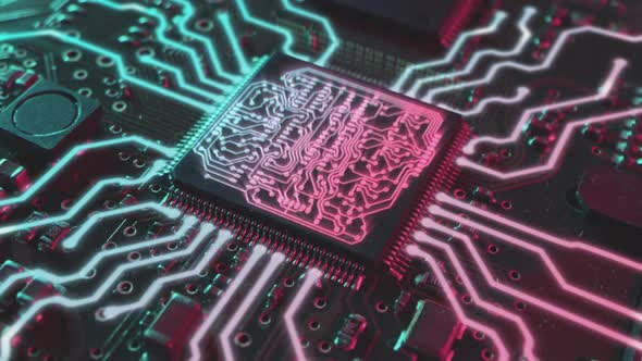 Dark Theme Visualization of Circuit Board CPU Processor Starting Digitalization Process and ...