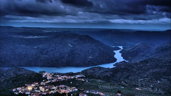 Douro River and Mazouco Village, Portugal. Timelapse, Stock Footage