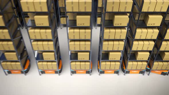 Warehouse industry autonomic robots carrying metal shelves with ...