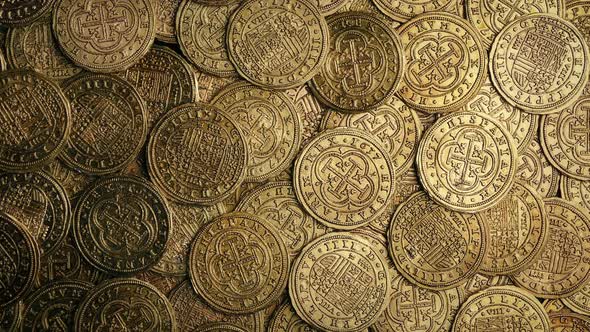 Medieval Gold Coins Pile Rotating Overhead Shot, Stock Footage | VideoHive
