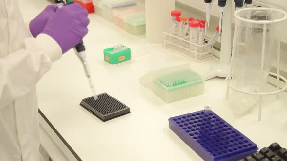 Scientist dropping liquid into vial in genetic laboratory, Stock Footage