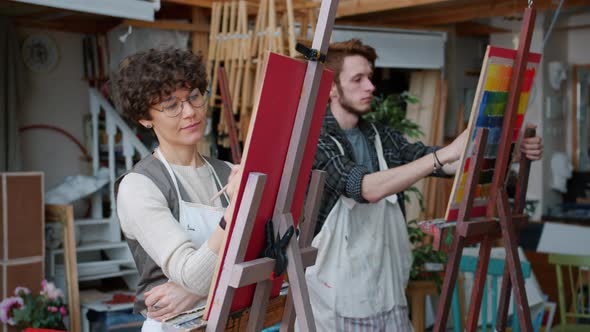 Girl and Guy Diligent Art Students Drawing Pictures in Class Busy with ...
