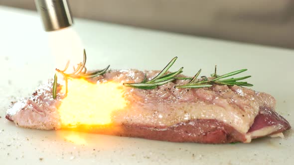 Cooking Meat with Culinary Torch., Stock Footage | VideoHive