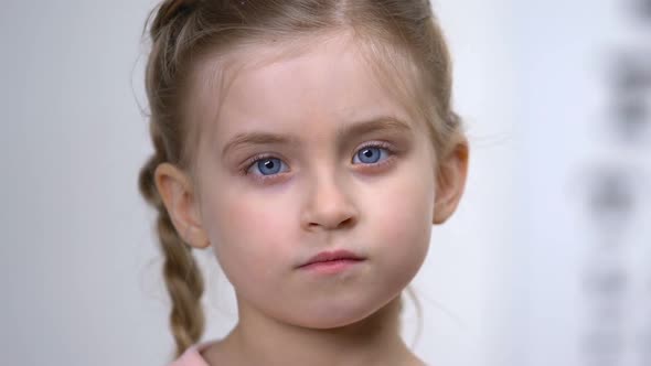 Female Child Covering Eye With Hand, Ophthalmological Exam ...