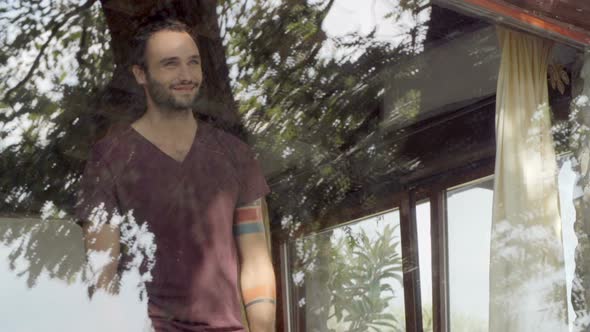 Young Beautiful Man Look Outside Throw Window Slow Motion, Stock Footage