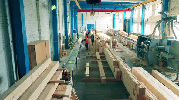 Wood-processing Factory with Wooden Balks and Engineers, Stock Footage