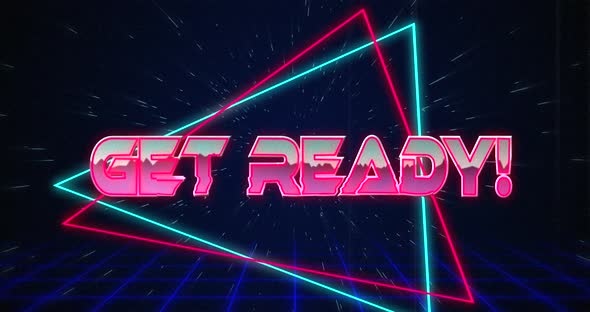Retro Get Ready text glitching over blue and red triangles on white ...