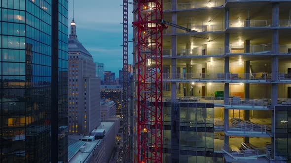 Red Truss Structure of Tower Crane Fixed to High Rise Building Under ...