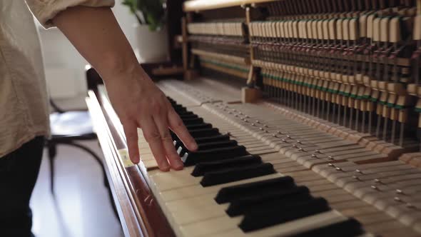 Woman Touch Keyboard of Vintage Wooden Piano, Stock Footage | VideoHive