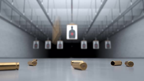 Shooting range with shells falling in front of camera. Target damaged ...