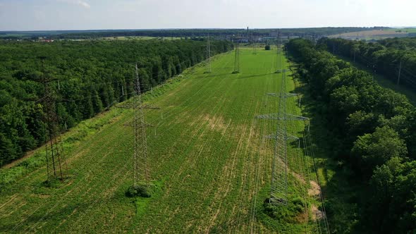 Pylons and electrical power lines. Aerial view of electrical power ...