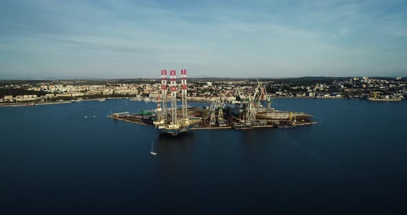 Aerial view of Pula harbour and a shipyard, Pula, Istria, Croatia ...