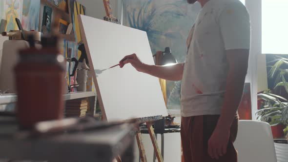Creative Man Drawing Picture on Canvas in Art Studio, Stock Footage