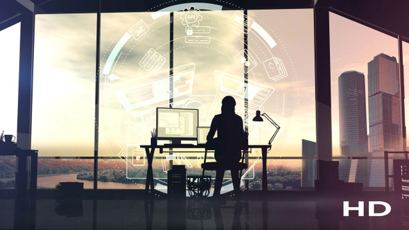 Web Developer At The Computer On Infographic Background HD, Motion Graphics