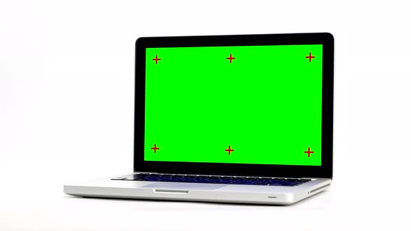 Stop motion animation green screen laptop computer turning isolated on ...