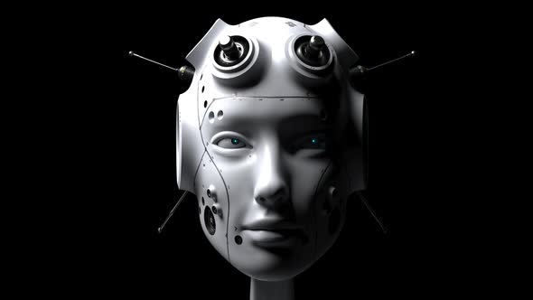 robot head. the camera moves slowly from close-up to overall showing ...