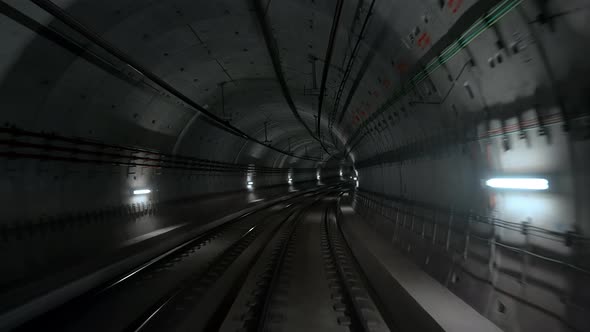 Front Cabin View of Driverless Metro Train Moving Forward Through ...