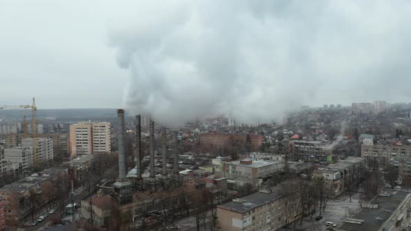 Panoramic Flyby of Smoking Pipes in the City Air Pollution, Stock Footage