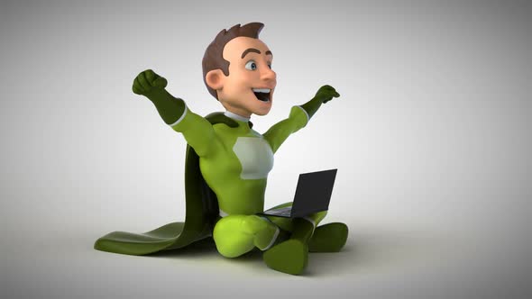 Fun 3D cartoon superhero typing on a laptop, Motion Graphics | VideoHive