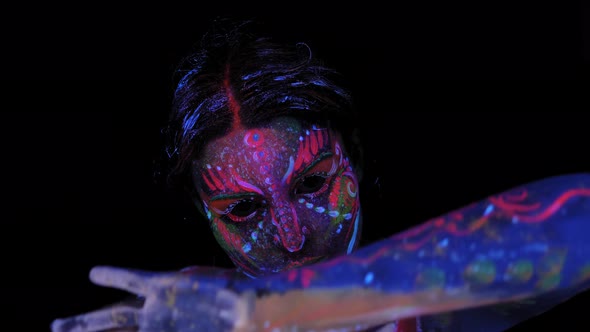 Girl Model Posing with UV Pattern on Body. Body Art Glowing in ...