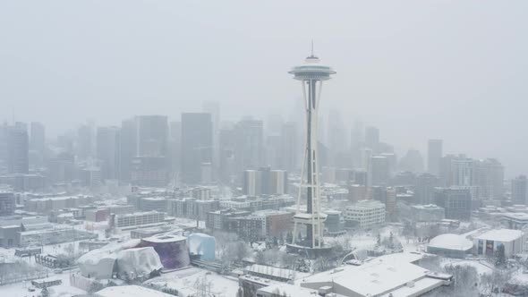 Seattle Blizzard Winter Snowy Day Downtown Skyline Aerial View Of City ...