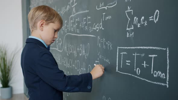 Portrait of Little Prodigy Kid Writing Calculations on Chalk Board Busy ...