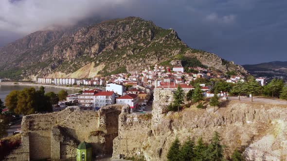 Aerial Footage of Ancient Turkish City and Stone Fortress in the Middle ...