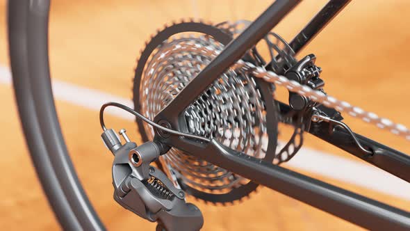 Endless close-up view at the MTB bike wheel while riding. Cassette ...