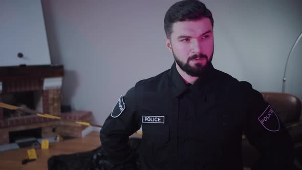 Portrait of Handsome Caucasian Bearded Police Officer Standing at the ...
