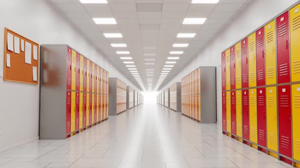 Seamless looping animation of a bright school hallway. Endless rows of ...