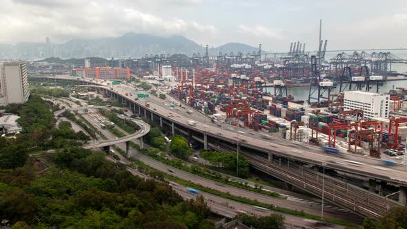 Hong Kong Container Port Terminal and Logistics Center Timelapse Pan Up ...